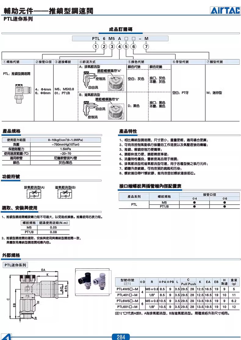 亚德客气动调节阀推锁型调速阀PTL4M5A-M PTL4M5A-MS PTL401A-M-阿里巴巴