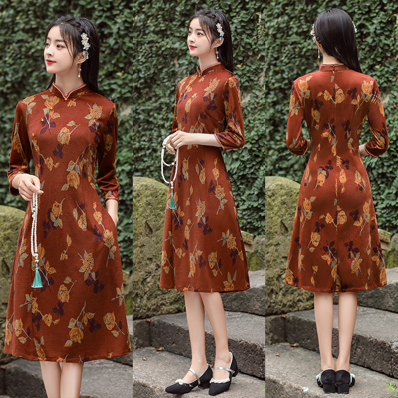Retro chinese dress oriental qipao dress for women half length sleeve ...