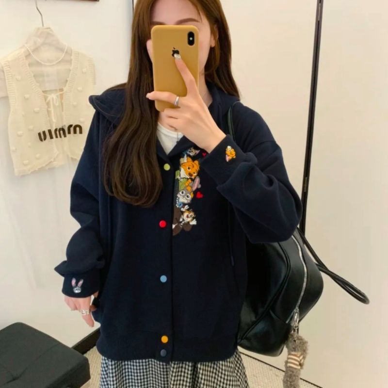 少女时代风双帽秋冬韩系动物乐园刺绣纽扣连帽卫衣开衫小个子外套-阿里巴巴