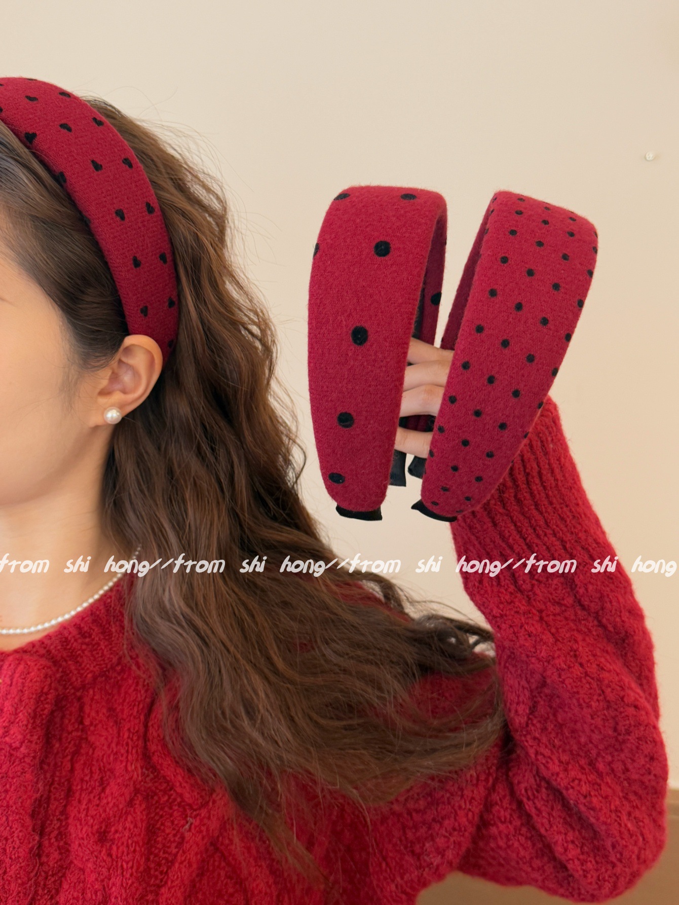 韩系显白红色波点蝴蝶结宽边发箍女气质高颅顶头箍高级感气质头饰-阿里巴巴