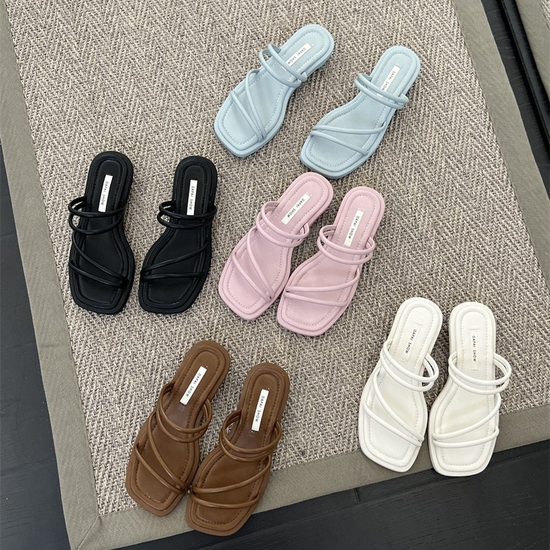 Fairy style summer two-way thin strap low heel slippers women's outer ...
