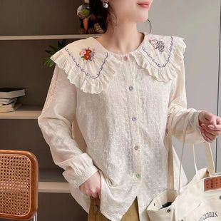 秋天新款森系甜美复古风衬衣刺绣方领蕾丝棉布衬衫女长袖宽松显瘦-阿里巴巴