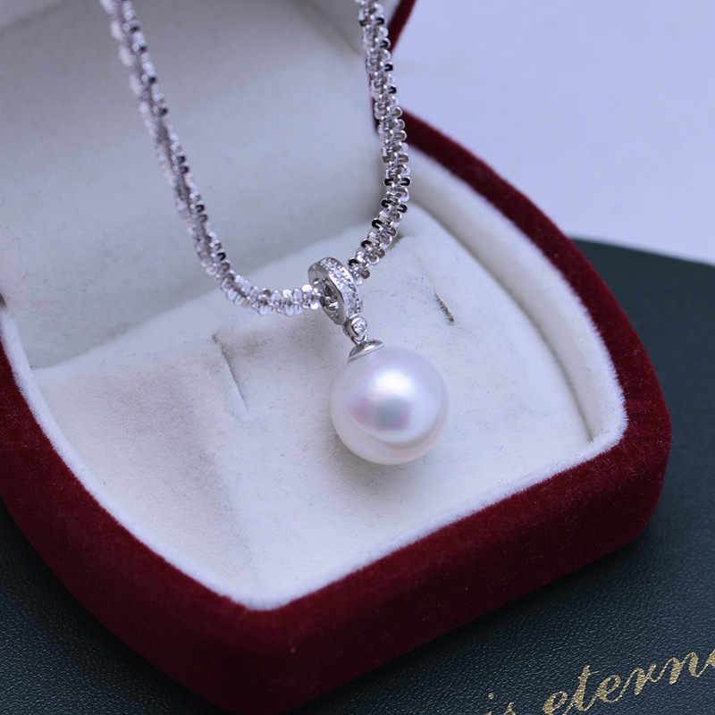 淡水13-14mm白色正圆强光细微瑕大珍珠吊坠S925银色万能扣星光链-阿里巴巴