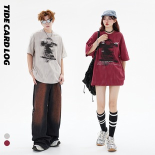 TIDE CARD LOG美式vintage街头刷漆洗水做旧字母印花短袖圆领上衣-阿里巴巴