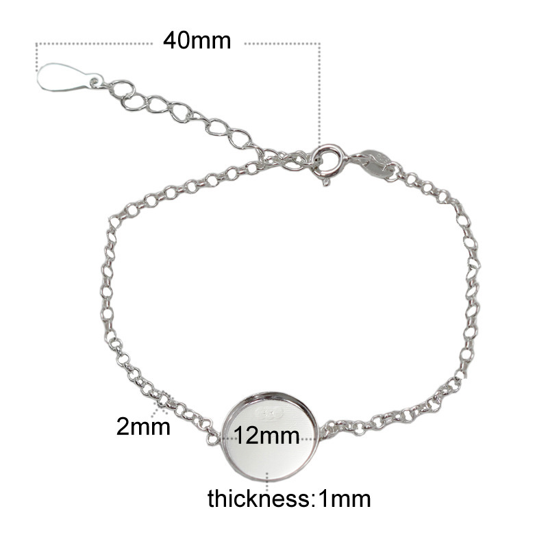 银手链圆形12mm宝石底托diy首饰配件亚马逊 s925银手链空托银吊坠-阿里巴巴