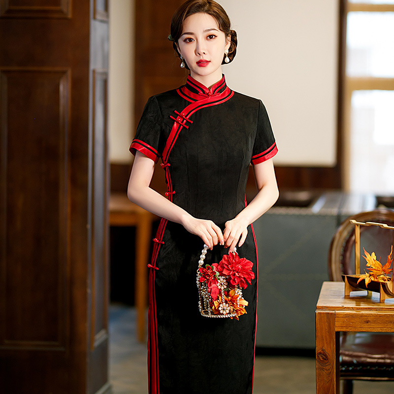 Retro Chinese Dress oriental old shanghai Qipao black cheongsam Chinese ...