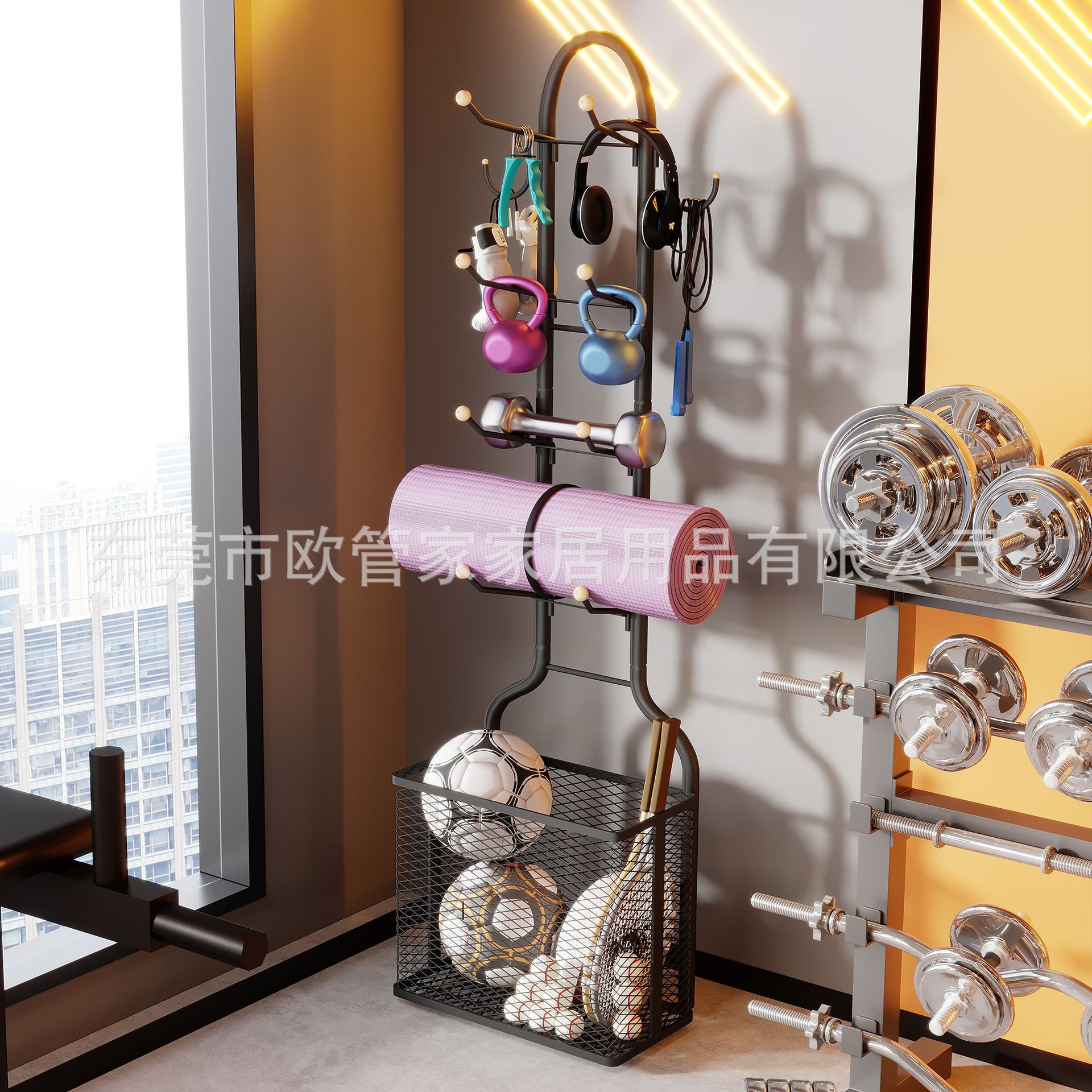 客厅运动器材黑色收纳架碳钢瑜伽垫置物架健身房篮球落地式铁艺架-阿里巴巴