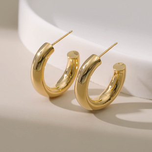 欧美个性C形复古铜镀14k金耳钉女 极简ins风百搭光面耳环跨境货源-阿里巴巴