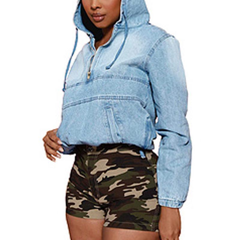 Women's Half Zip Denim Hoodie Pullover Jacket Jean Tops-阿里巴巴