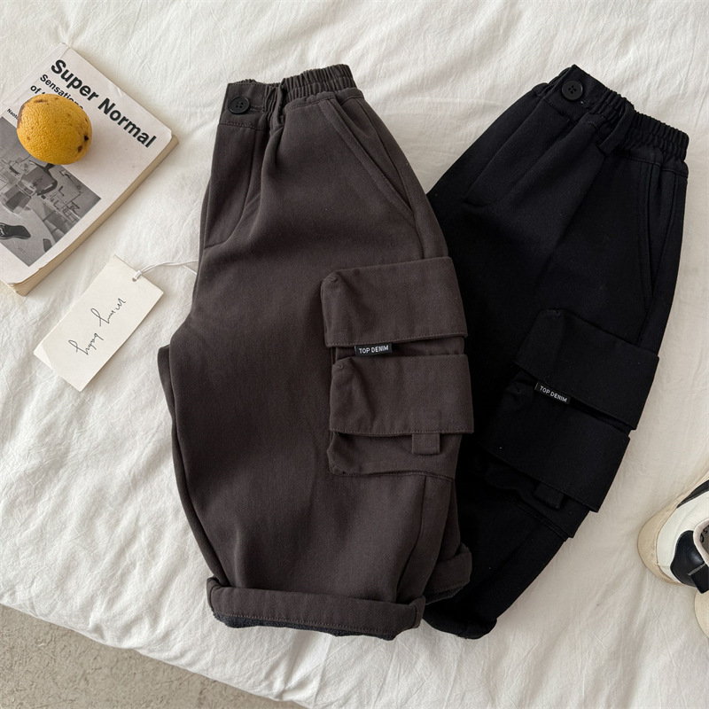 儿童长裤2025眯眯眼冬季新品男女童纯色工装直筒裤宝宝加厚休闲裤-阿里巴巴