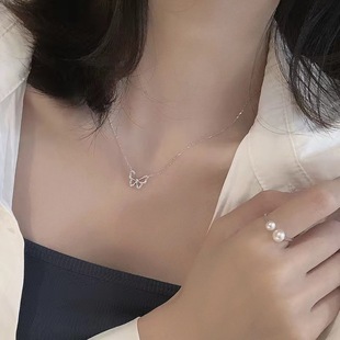 韩版新款S925纯银蝴蝶项链镶钻吊坠镀14K金锁骨链女轻奢高级感ins-阿里巴巴