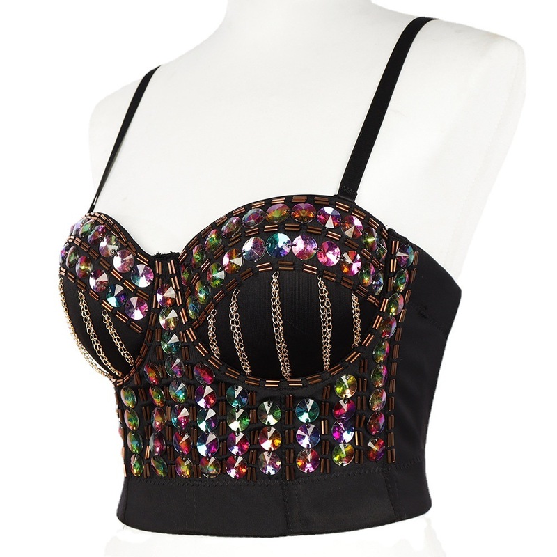 rainbow gemstones bead sequins glitter singer jazz dance bra tops ...