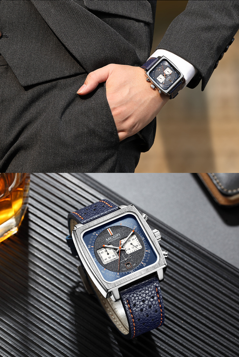美格尔MEGIR日历防水夜光多功能男士手表方形皮带钢带石英表2182-阿里巴巴