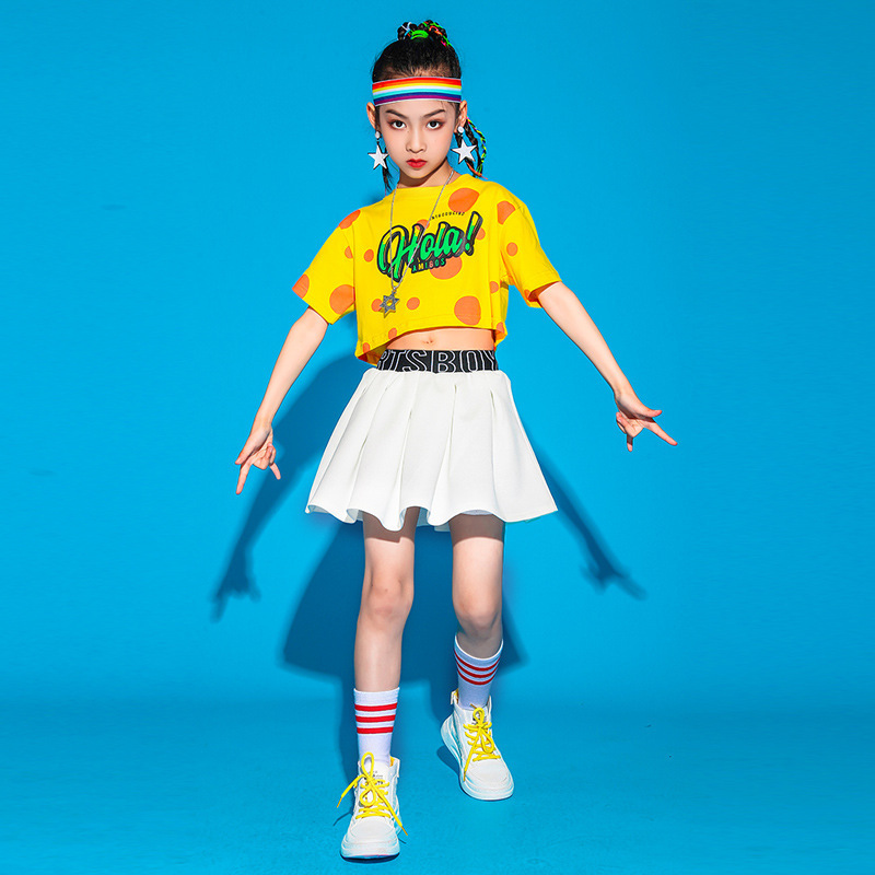 Children girls yellow polka dot hiphop rapper singer dance outfits hip ...