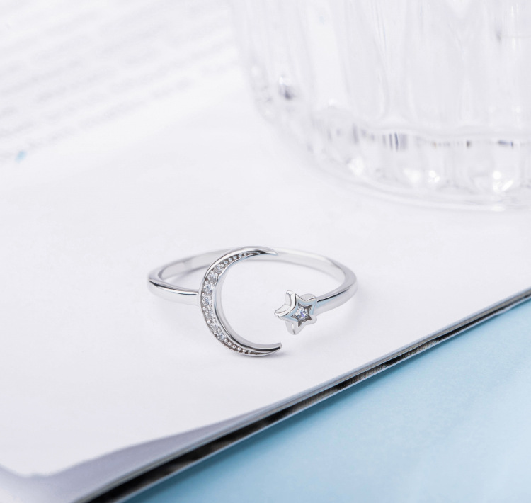 嘻咕J0110 S925银星星月亮戒指个性时尚开口可调节月亮之星指环-阿里巴巴