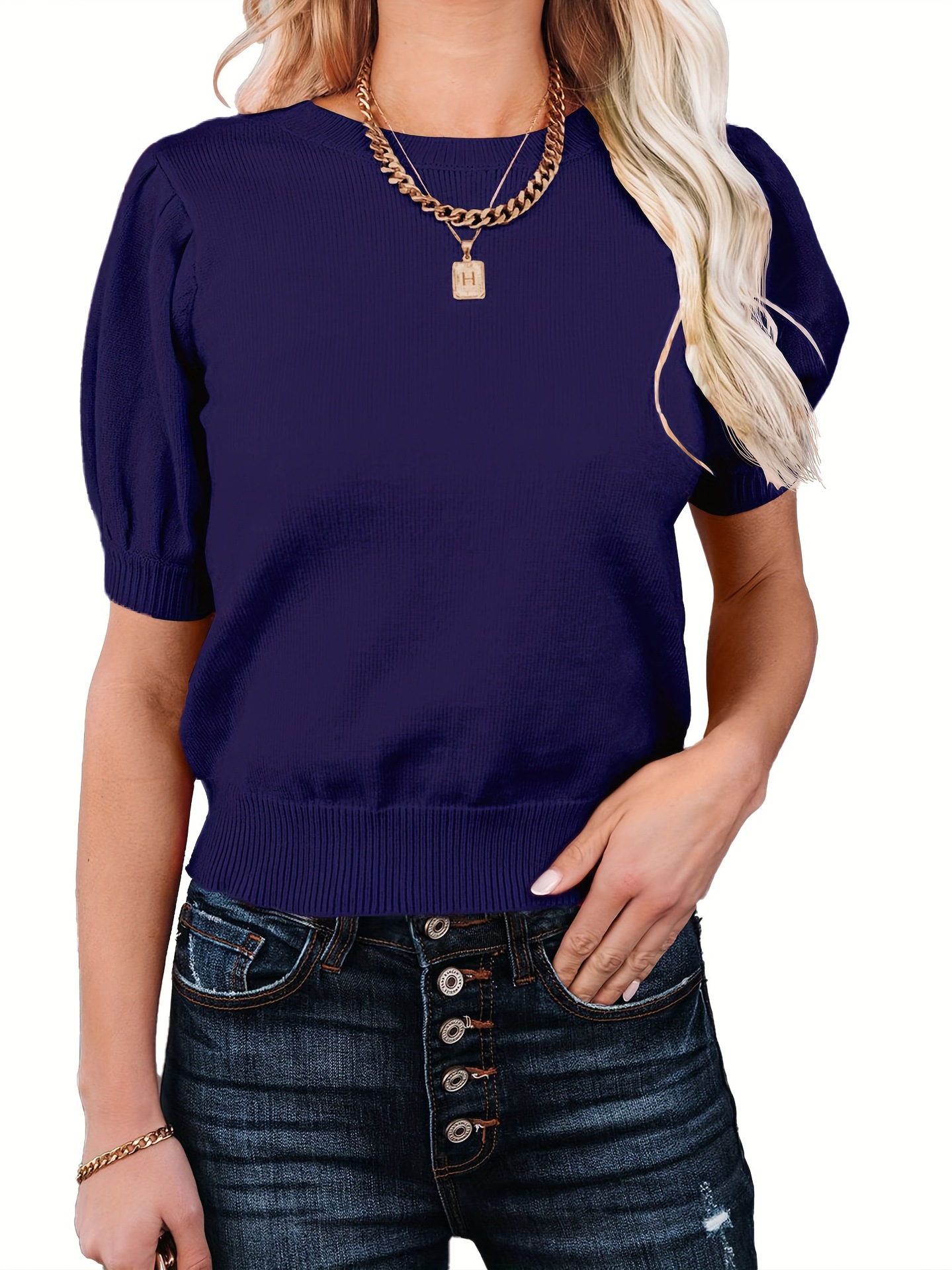 Womens Puff Short Sleeve Sweater Tops Crewneck Basic Knit-阿里巴巴