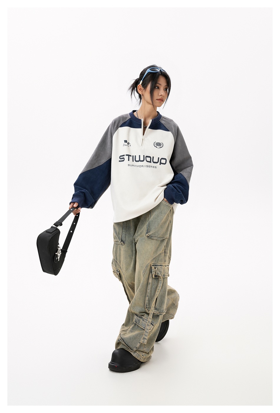 STIWAUP复古运动校园风套头宽松圆领卫衣男女麂皮绒拼色外套W639-阿里巴巴