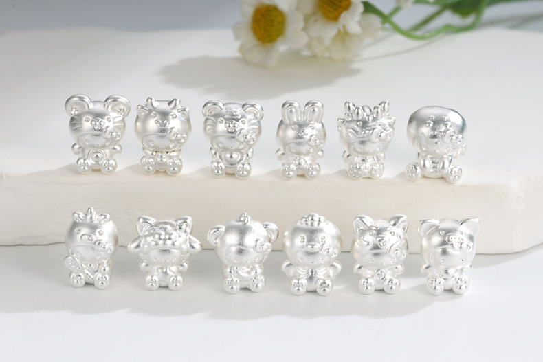 足银999全身凯蒂猫十二生肖串珠子编绳diy卡通纯银kt猫散珠子配件-阿里巴巴