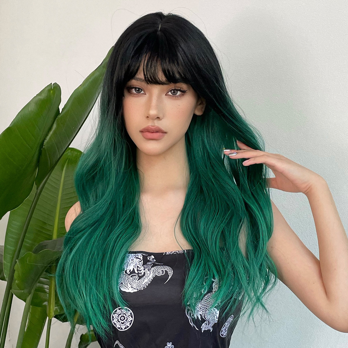 Wig green gradient bangs big wave long curly hair full head cover ...