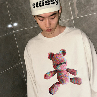 WE11DONE TRACK彩色编织小熊印花WELLDONE重磅纯棉潮牌长袖T恤男-阿里巴巴