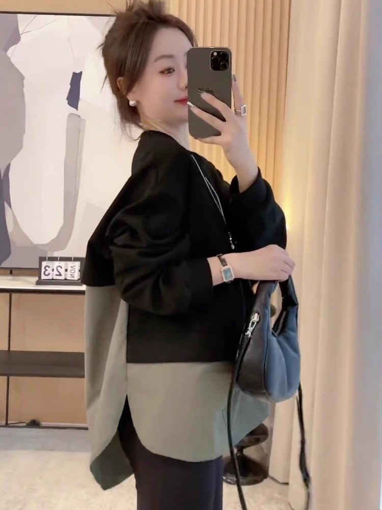 大码女装秋季中长款假两件遮肚显瘦卫衣女宽松上衣胖mm2-300斤ins-阿里巴巴