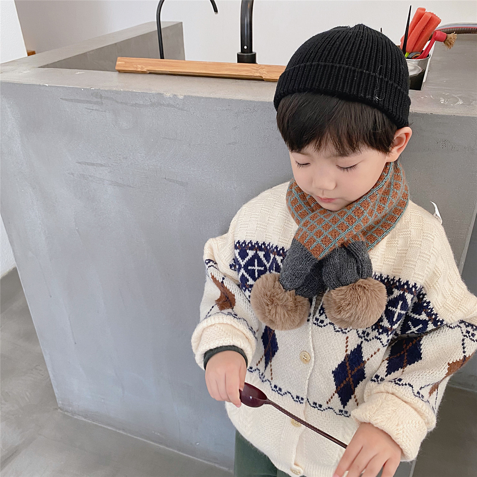 秋冬儿童格子针织围巾韩版男女童毛线围脖保暖宝宝脖套亲子围脖-阿里巴巴