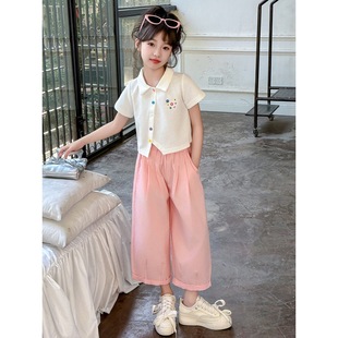 女童夏装套装2024新款洋气九分裤小女孩衣服儿童绣花朵短袖两件套-阿里巴巴