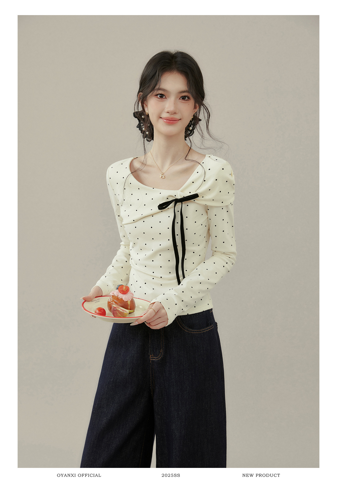 欧阳喜《 心动瞬间》蝴蝶结波点长袖T恤秋季新款内搭女上衣女修身-阿里巴巴