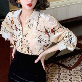 酒午自制 秋季新款长袖宽松衬衣法式复古气质丝绒拼接印花衬衫女-阿里巴巴