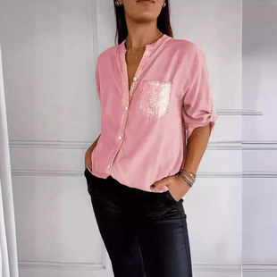 2024春夏外贸亚马逊速卖通ebay欧美女式宽松休闲烫砖袖衬衫-阿里巴巴