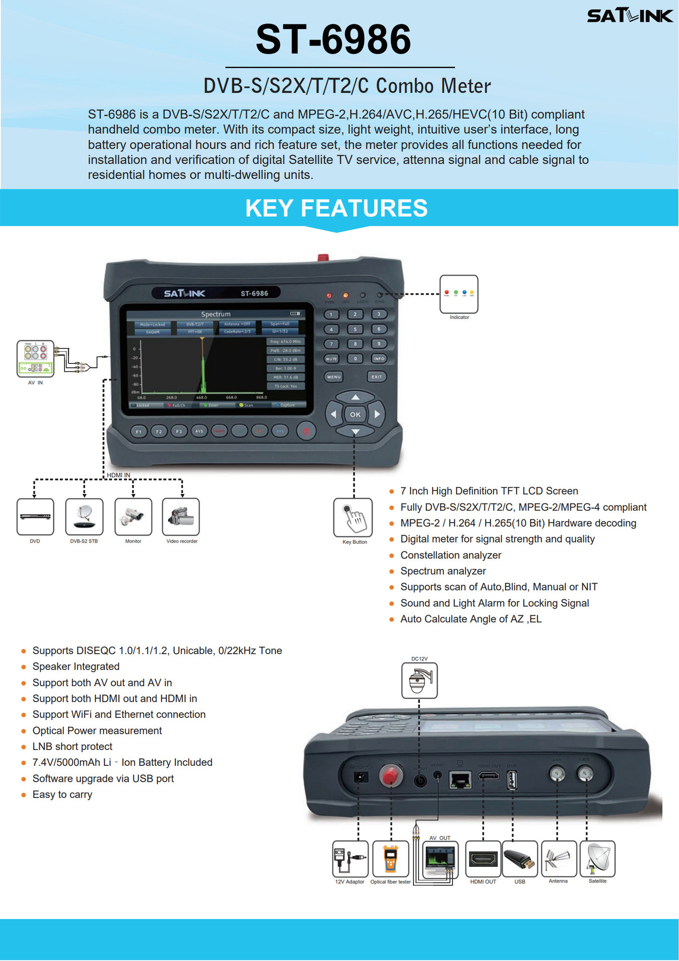 Satlink ST-6986 DVB-S2/C/T2 高清WS6986 H.265 10bits寻星仪-阿里巴巴