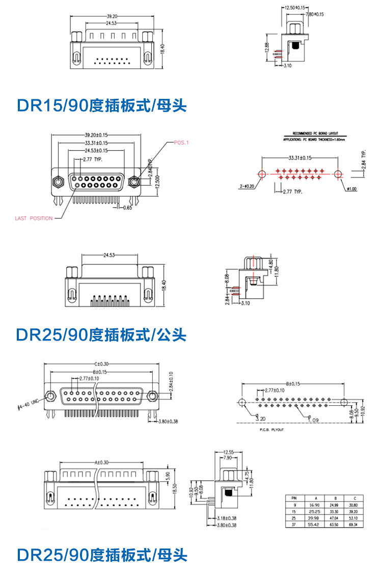 DR9/15/25/37 DB公头/母头 焊板插板式 90度弯脚/针 串口VGA插座-阿里巴巴