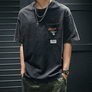 220g重磅夏季短袖T恤男宽松大码水洗复古纯棉日系潮牌ins圆领体恤-阿里巴巴