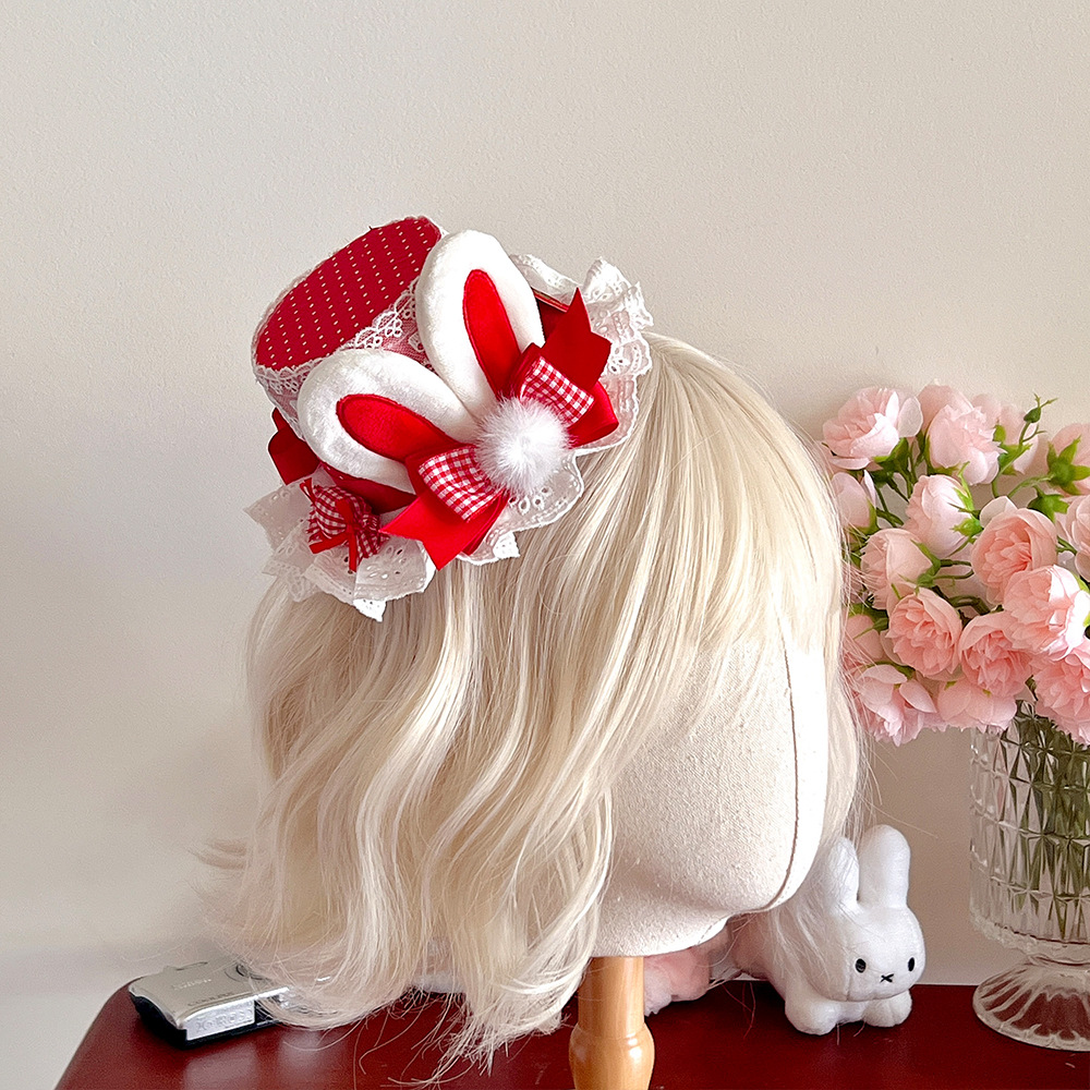 原创蝴蝶结波点兔耳小礼帽软妹可爱花边Lolita生日拍照发夹发饰-阿里巴巴