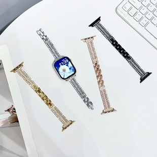 适用苹果45678910代手表腕带 iwatch 双排镶钻锆石牛仔链金属表带-阿里巴巴