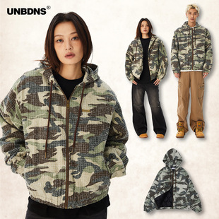 UNBDNS美式复古磨破面料迷彩棉服外套男女同款秋冬连帽休闲外套潮-阿里巴巴
