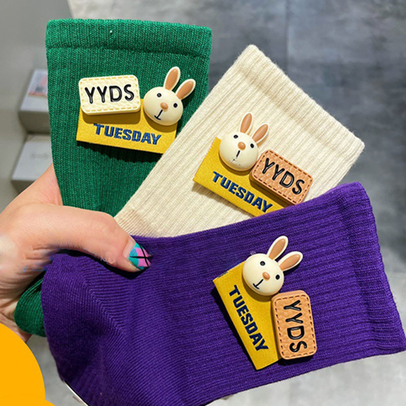 2023春季立体小兔子头像袜子女个性YYDS绿色紫色外穿中筒袜ins潮-阿里巴巴