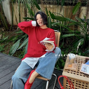 MADEINOST冬季批发女装慵懒博主风假两件衬衫拼接针织圆领毛衣-阿里巴巴