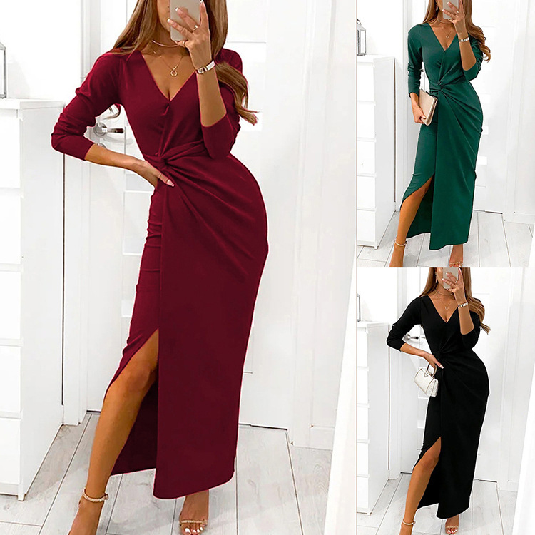 Wholesale Women's Sheath Dress Elegant V Neck Pleated Long Sleeve Solid ...