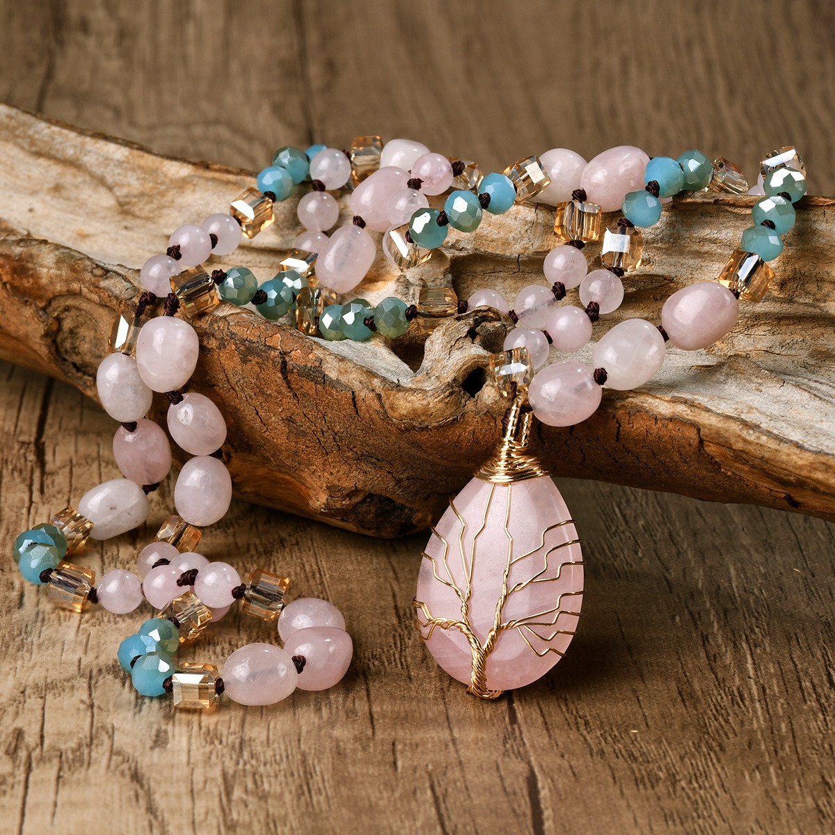 欧美天然石水滴形吊坠手工打结项链女粉水晶毛衣链耳环饰品批发-阿里巴巴