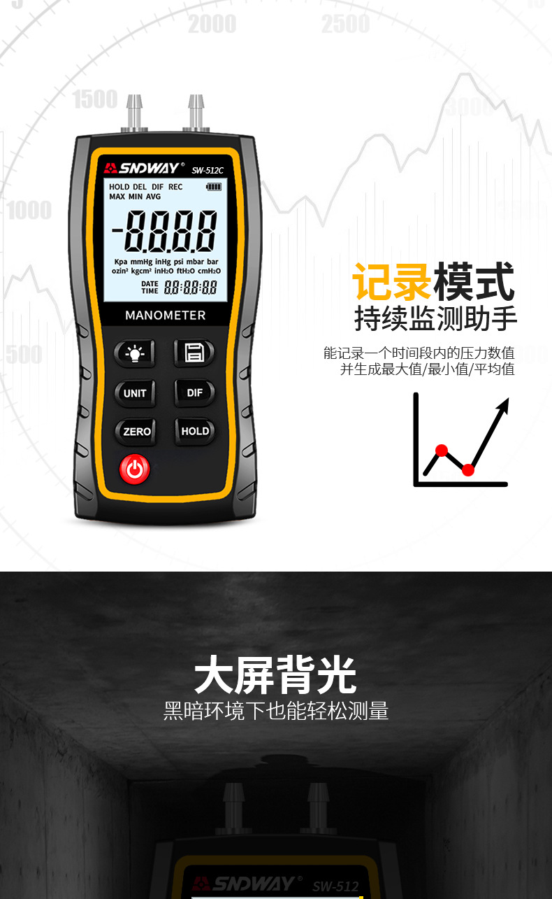 深达威SW512B/SW512C数字差压计 手持式压差表压力计负压测试仪-阿里巴巴
