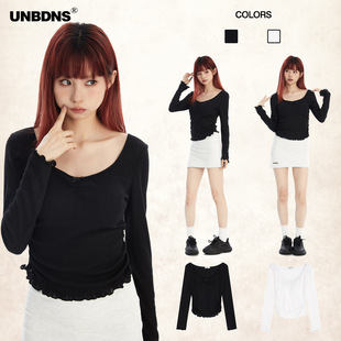 UNBDNS美式辣妹方领针织长袖T恤加胸垫女装纯色百搭打底衫新款上-阿里巴巴