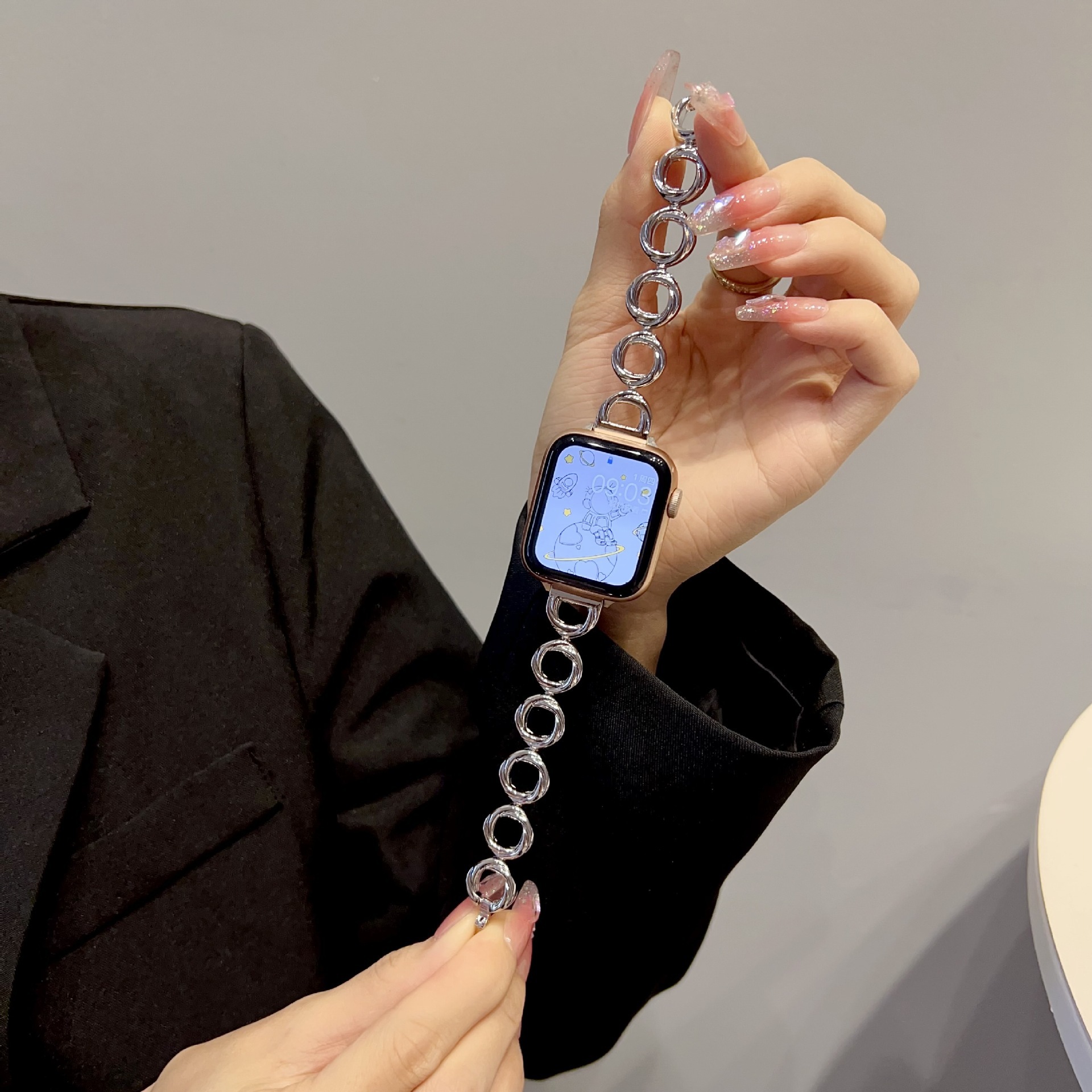 适用于苹果67891011代智能手表金属腕带 42mm 46mm小圆圈金属表带-阿里巴巴