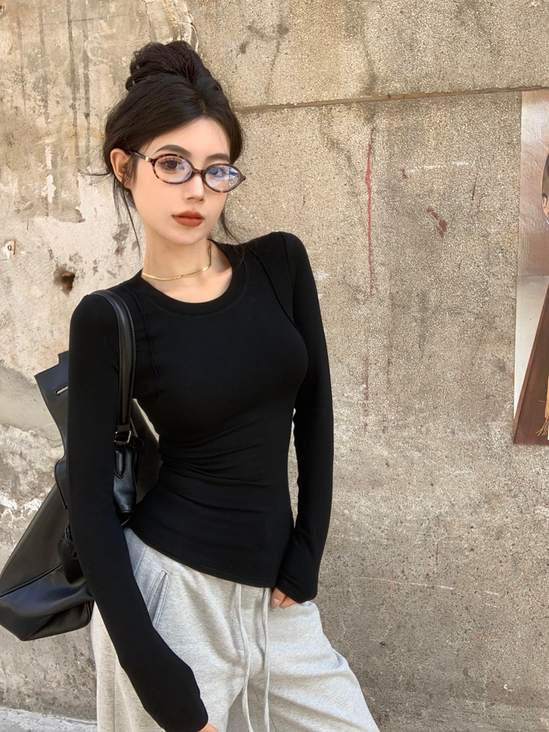 2025冬简约纯色长袖T恤女秋季修身打底衫小个子百搭圆领上衣白色-阿里巴巴