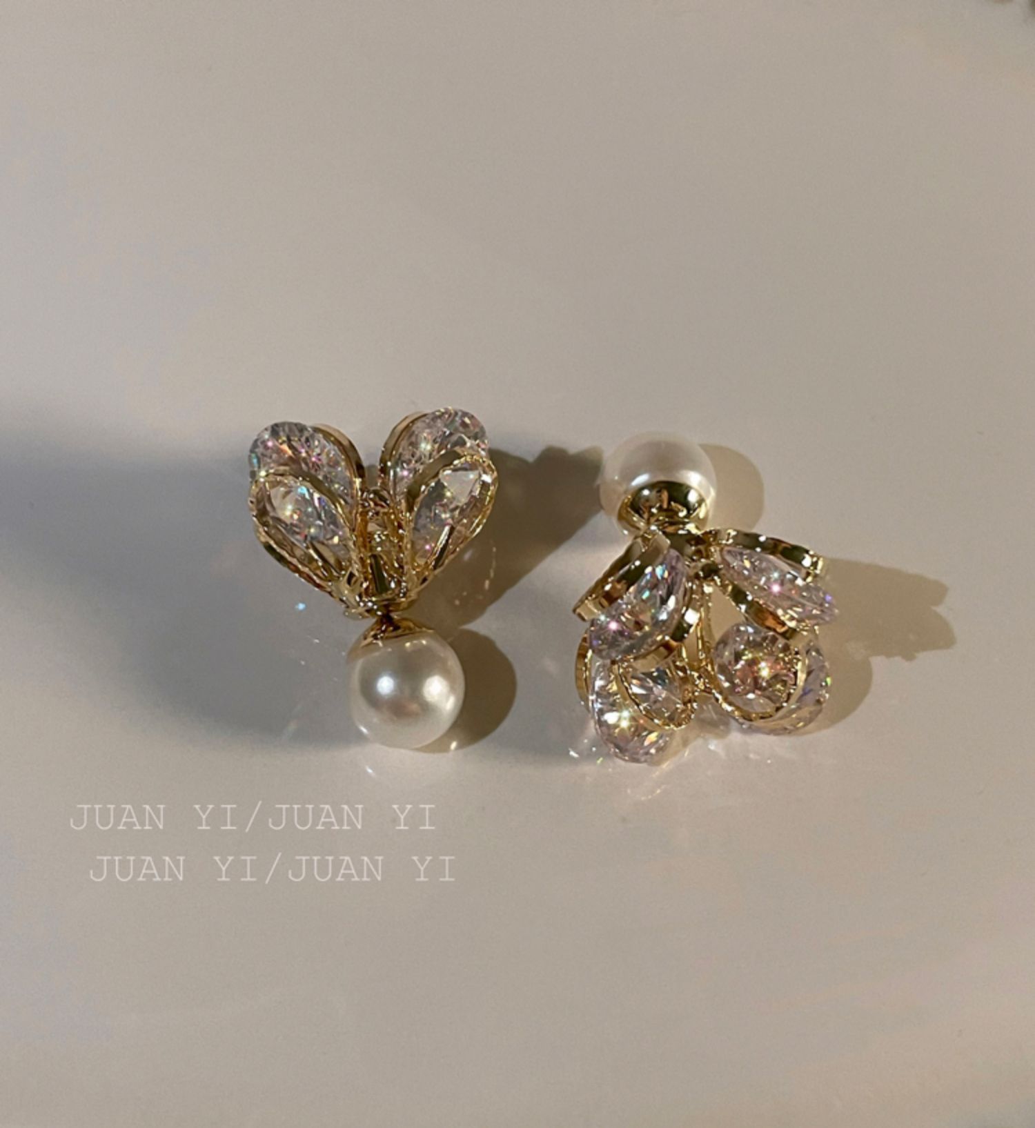 真金电镀银针锆石羽毛球珍珠耳钉高级感气质耳环小众设计百搭耳饰-阿里巴巴