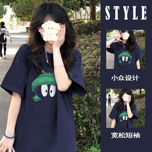 [220g-260g纯棉]美式复古藏蓝色短袖t恤女款夏季新款小个子小众潮-阿里巴巴