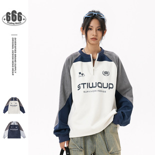 STIWAUP复古运动校园风套头宽松圆领卫衣男女麂皮绒拼色外套W639-阿里巴巴