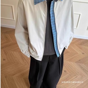 工装假两件飞行夹克男士秋冬新款街潮设计感宽松格子拼接翻领外套-阿里巴巴