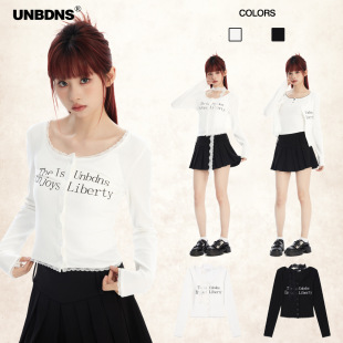 UNBDNS辣妹字母印花蕾丝边修身性感款小开衫系带纯欲辣妹长袖T恤-阿里巴巴