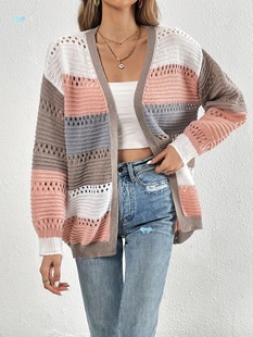 Cut Out Color Block Knit Cardigan, Casual Long Sleeve-阿里巴巴